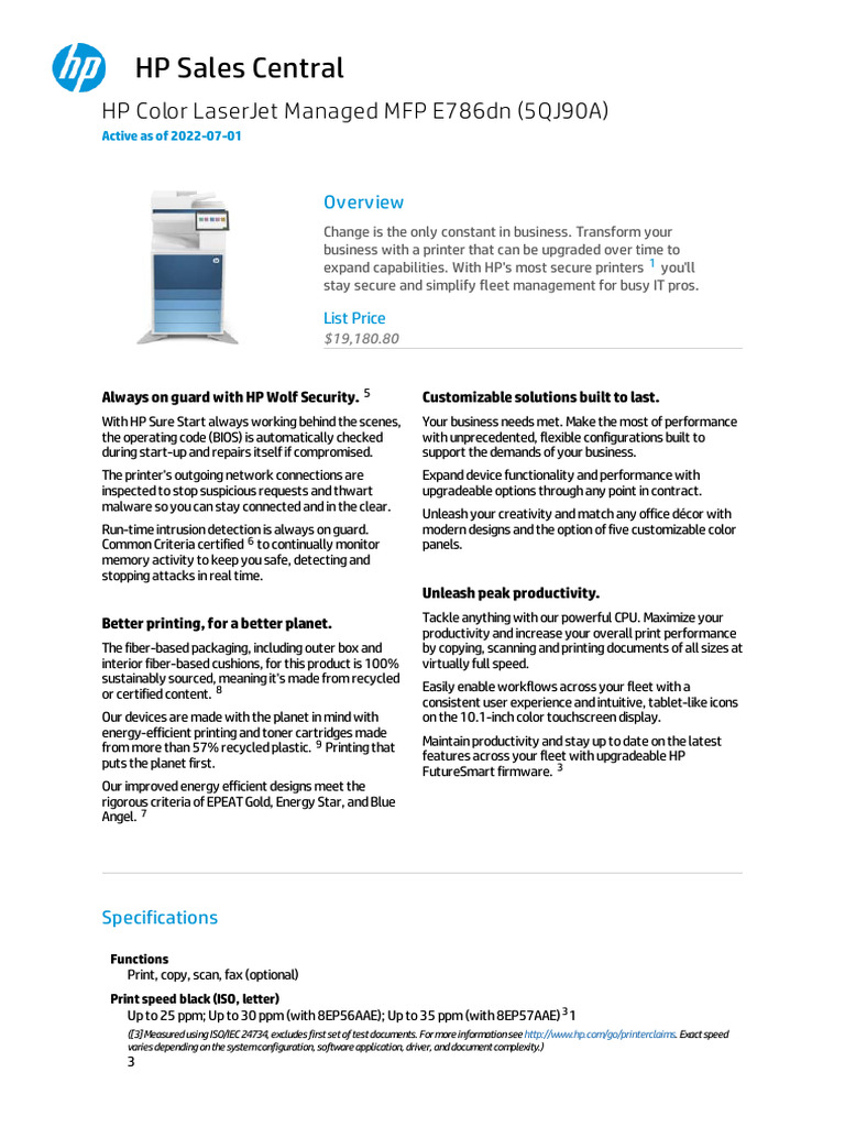 HP Color LaserJet Managed MFP E786dn (5QJ90A) Spec Sheet | PDF
