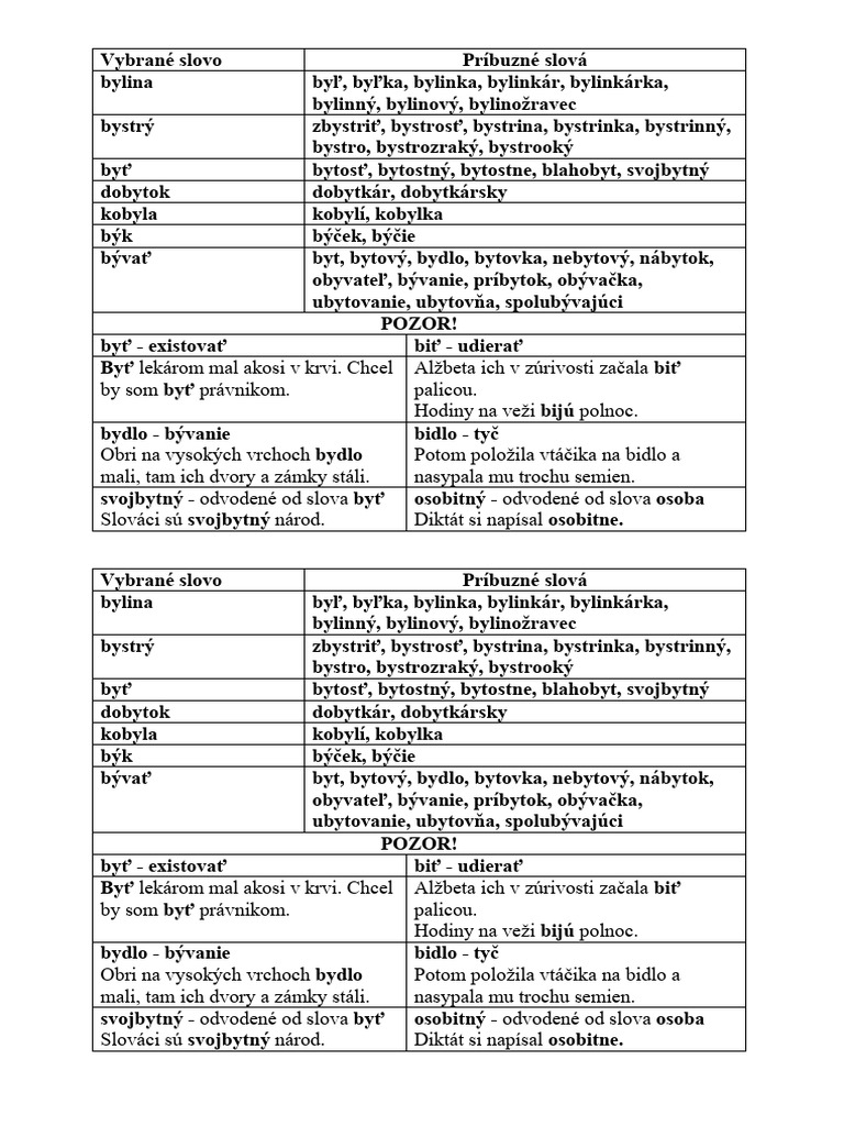 Vybrané A Príbuzné Slová Po B | PDF