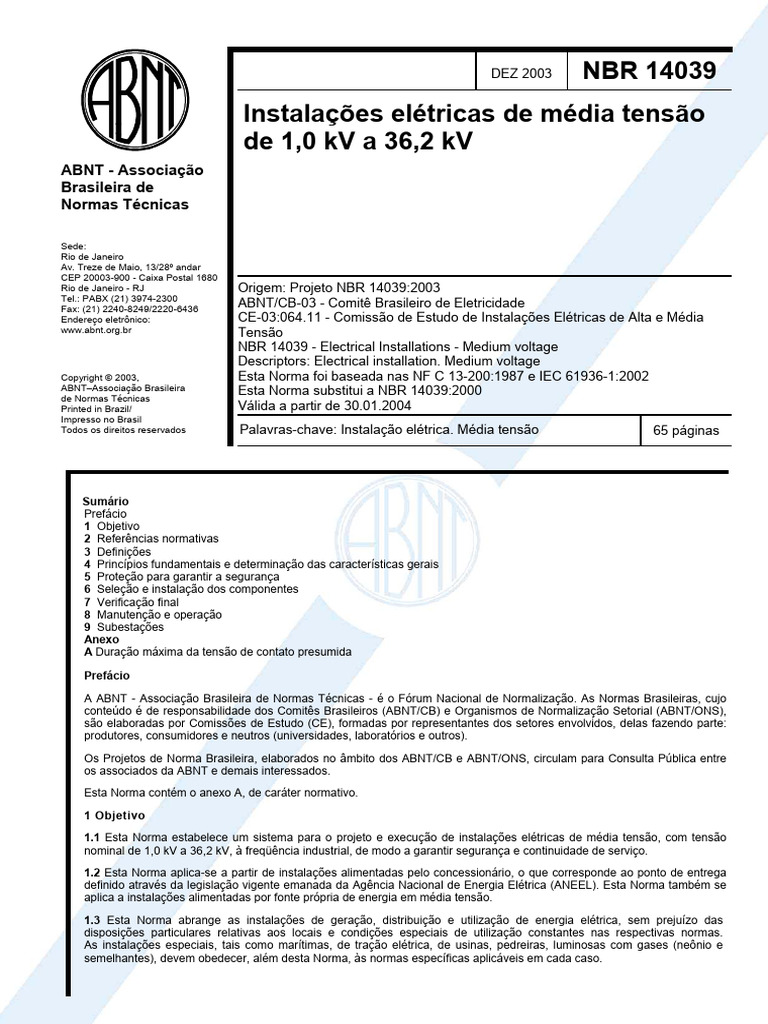 NBR 14039 (2003) - Instalações Elétricas de Média Tensão de 1,0 KV A 36 ...