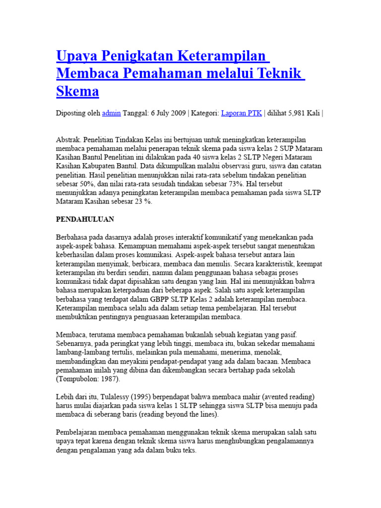 Upaya Penigkatan Keterampilan Membaca Pemahaman Melalui Teknik Skema | PDF