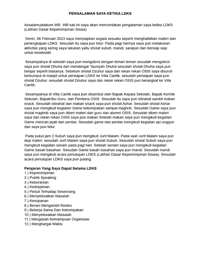 Pengalaman LDKS dan Pembelajaran OSIS | PDF | Pengembangan Diri
