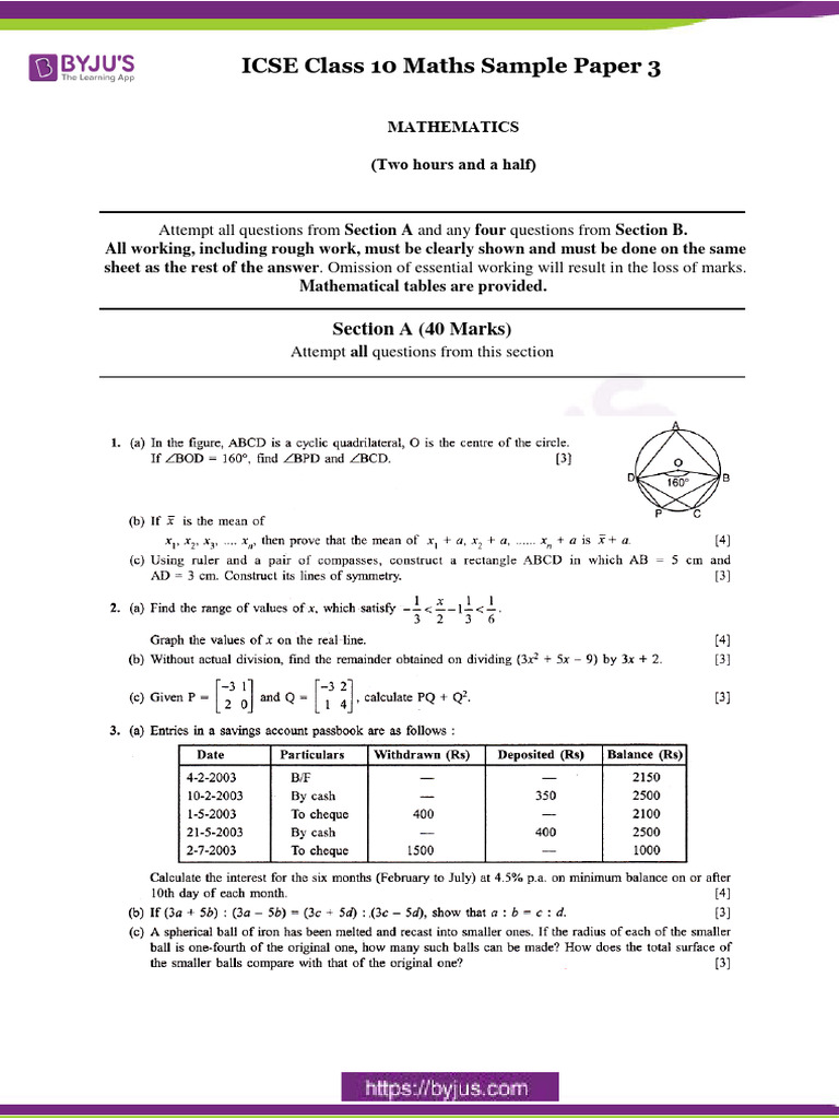 ICSE Class 10 Maths Sample Paper 3 | PDF