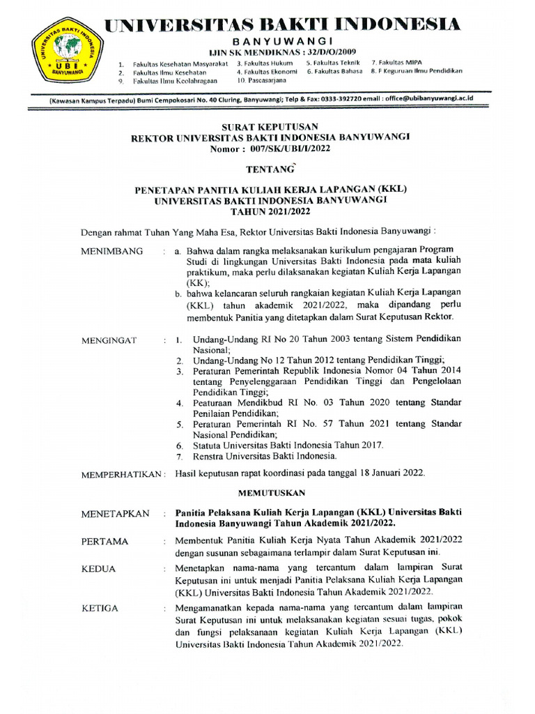 9 SK Pengangkatan Panitia KKL Tahun 2022 Cap | PDF