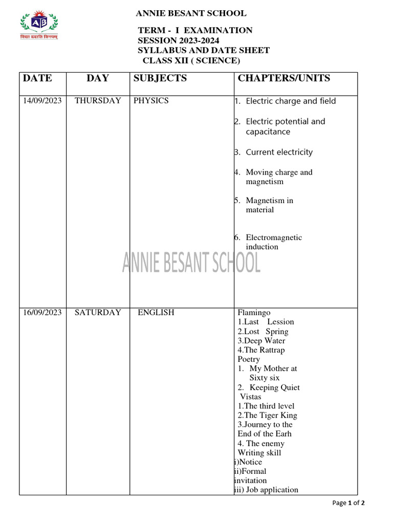 XII Term 1 - DATE SHEET AND SYLLABUS - 1435313881852416001SD - PDF ...