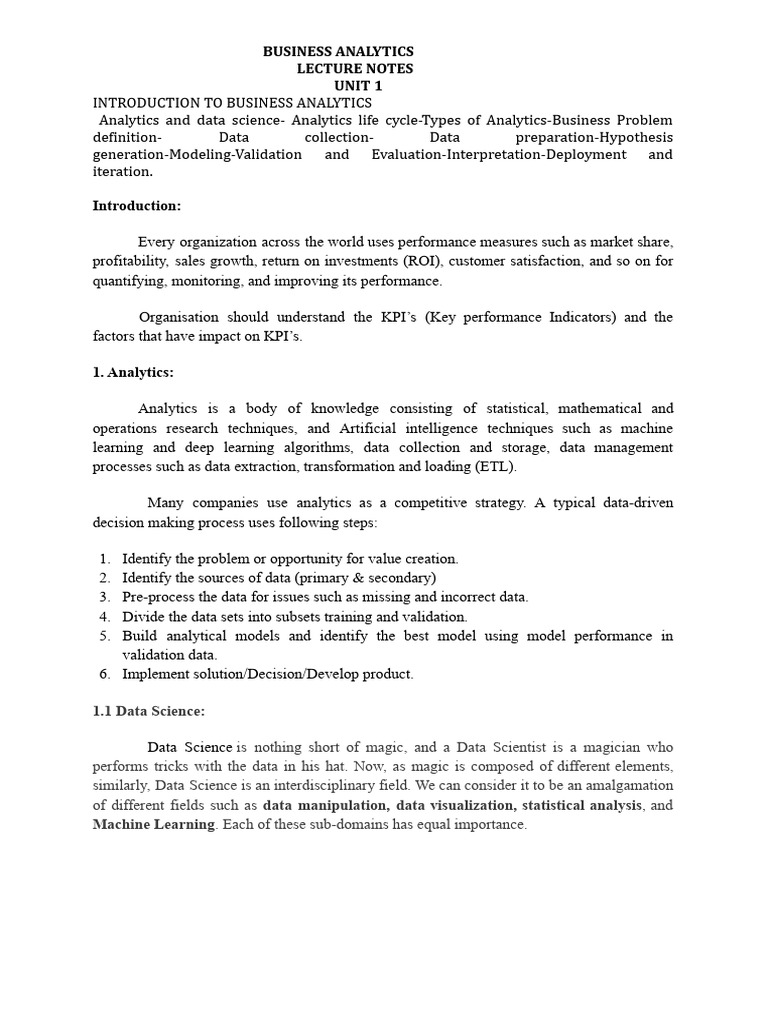 Business Analytics Lecture Notes | PDF | Hypothesis | Analytics