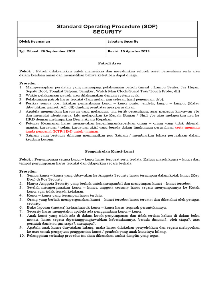 SOP Security 110923 | PDF | Karier & Perkembangan | Bisnis
