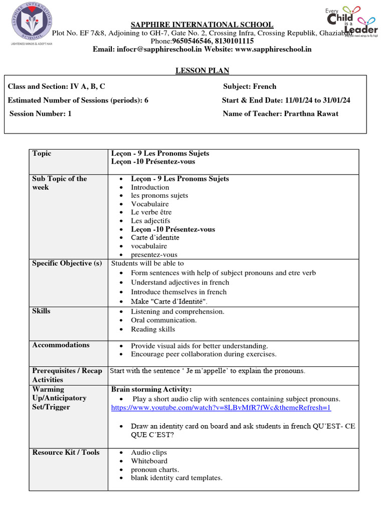 LP - Grade IV - JAN - FRENCH | PDF | Lesson Plan | Teachers
