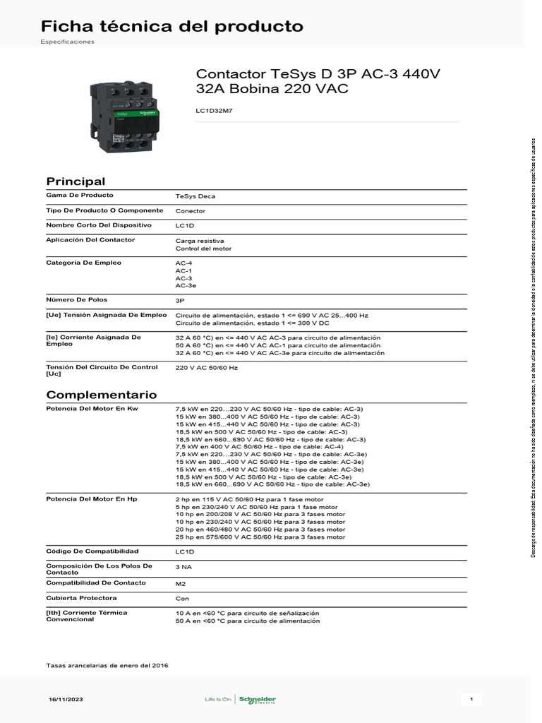 Schneider Electric - TeSys-Deca-contactors - LC1D32M7 | PDF