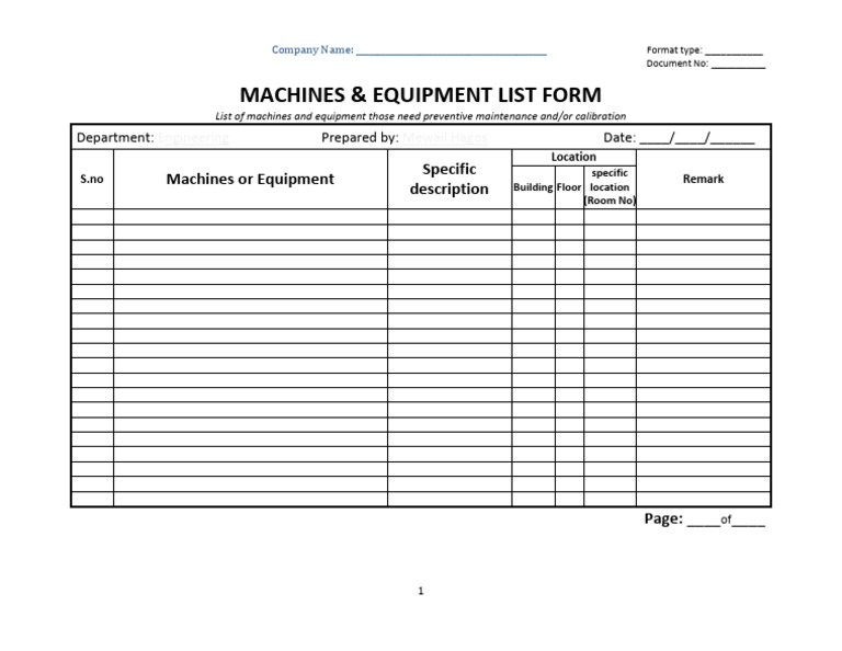 Machine Maintenance MACHINE AND EQUIPMENL LIST FORMAT | PDF