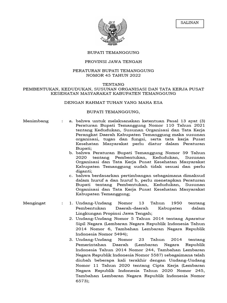 Perbup - No - 45 - Tahun - 2022 - Tentang - Pembentukan, - Kedudukan ...