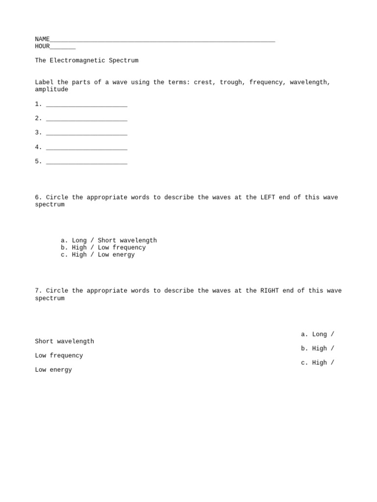 Regents Physics Electromagnetic Spectrum Worksheet Electromagnetic