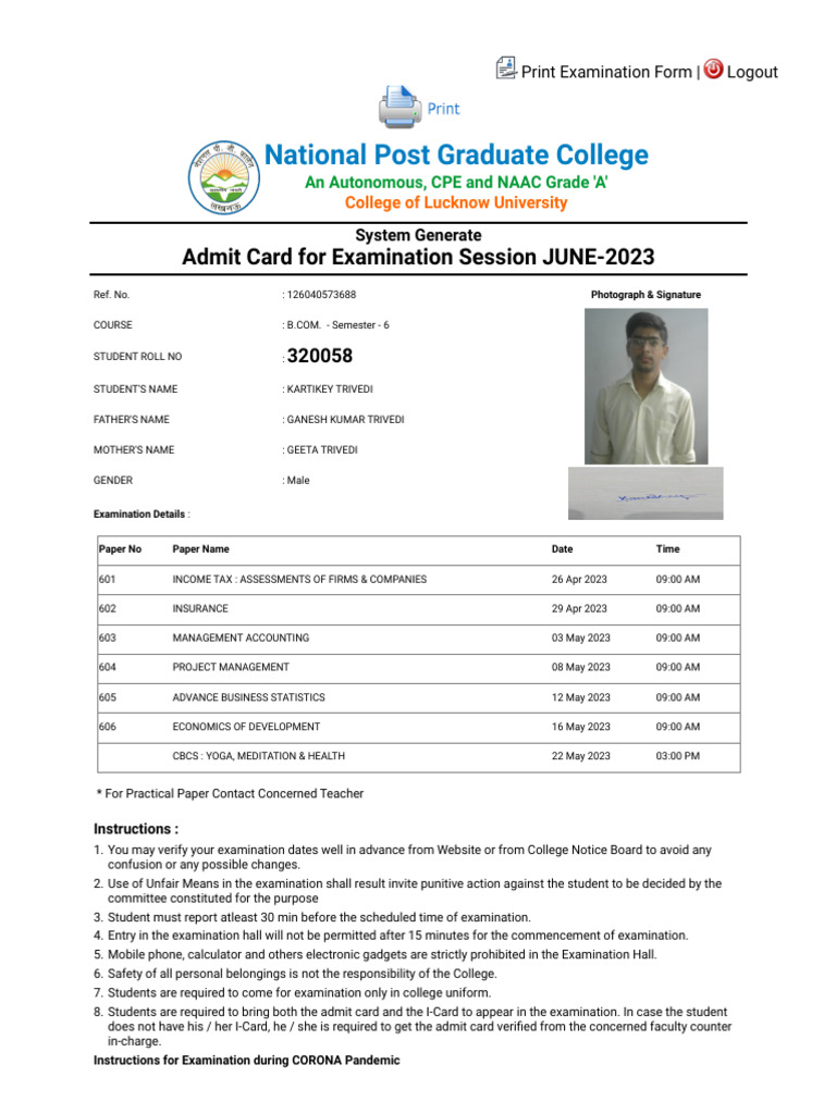 Examination Form - NPGC | PDF