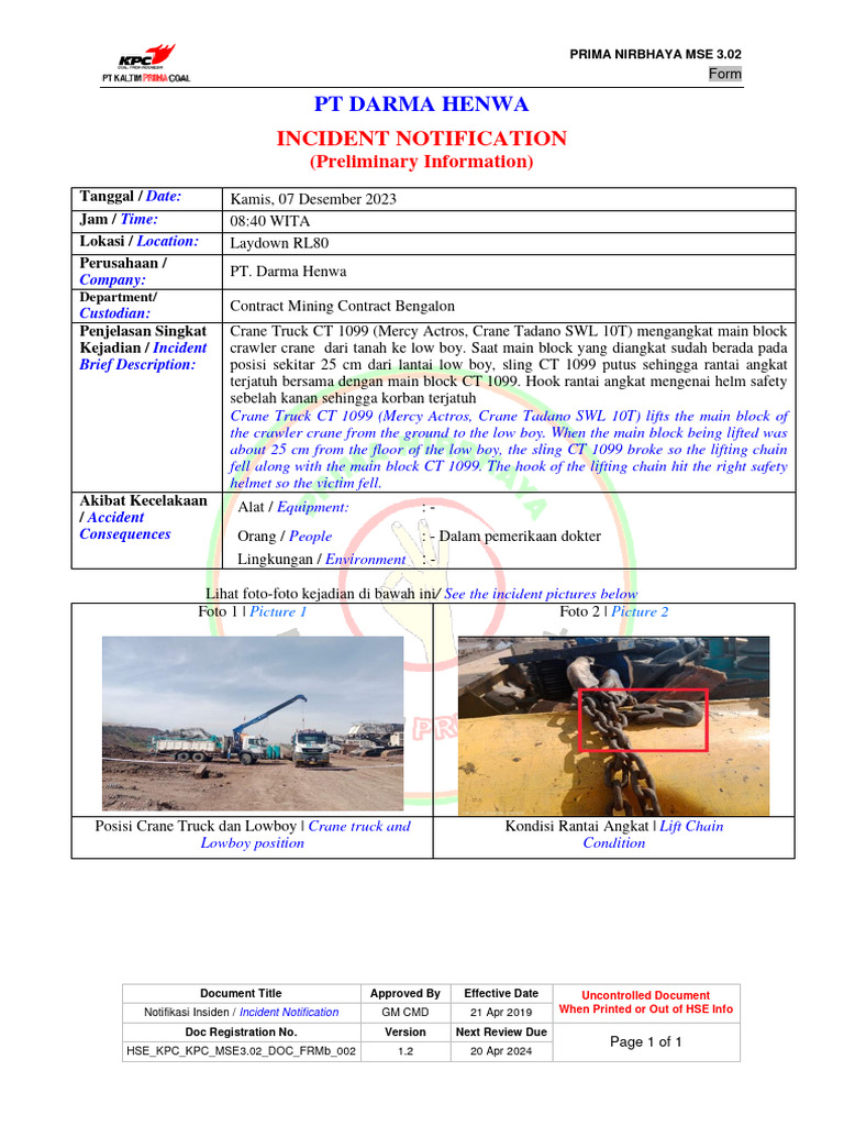 Notifikasi Sling Crane Truck CT1099 Putus Dan Rantai Angkat Mengenai ...