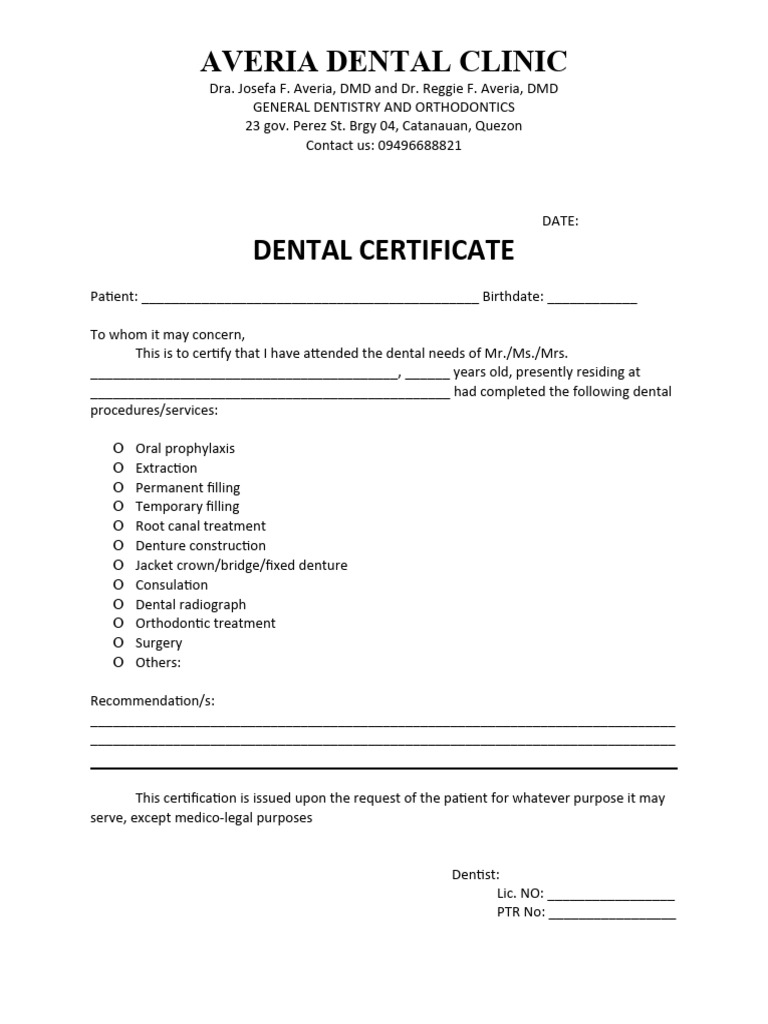 Averia Dental Clinic - Dental Certificate | PDF