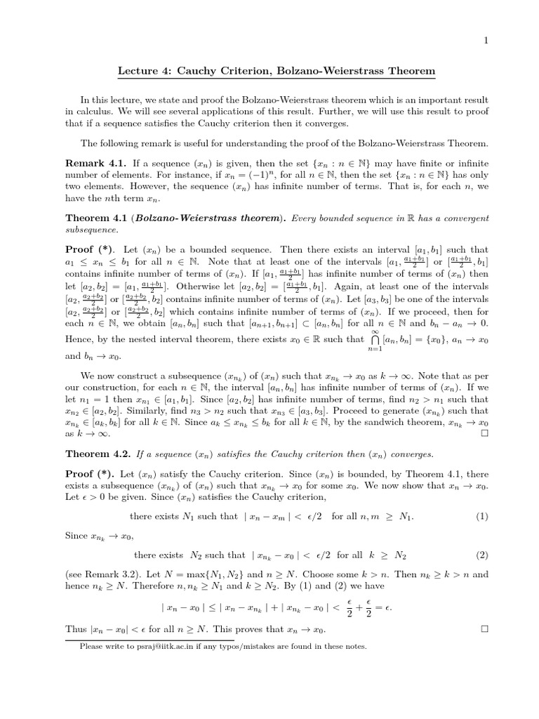 4 Cauchy Criterion Bolzano Weierstrass Theorem MTH111M | PDF | Sequence | Real Analysis