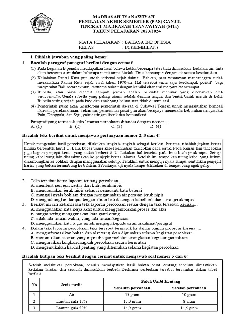 Soal PAS B.Indo Kelas 9 | PDF