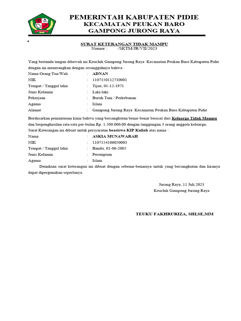 Format SKTM KIP Kuliah | PDF