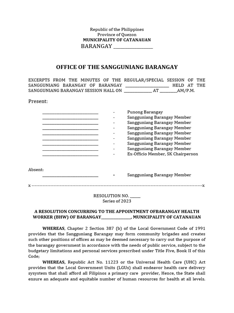 Resolution On The Appointment of Barangay Health Worker | PDF | Justice ...