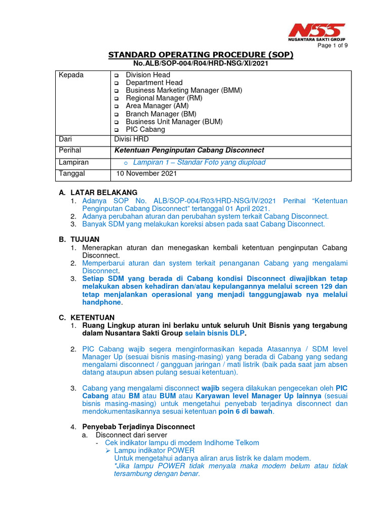 SOP Ketentuan Penginputan Cabang Disconnect No ALB SOP-004 R04 HRD-NSG 101121 | PDF | Teknologi ...