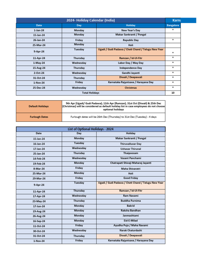 Holiday Calendar 2024 | PDF