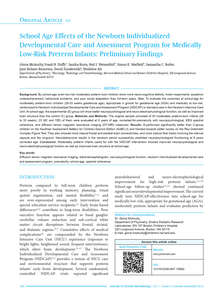 School Age Effects of The Newborn Individualized Developmental Care and ...