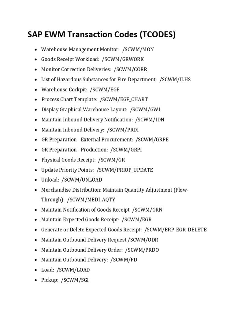 Sap Ewm Tcodes List Pdf Warehouse Computing