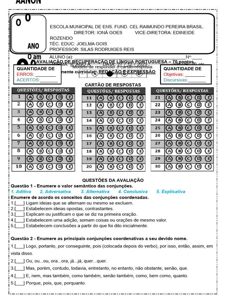 Prova Rec Final Portugues - 8º Ano RPB | PDF