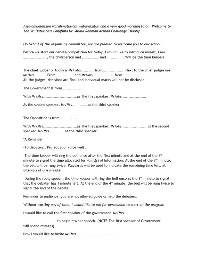 Chairperson MC Debate Script | PDF | Public Sphere | Political ...