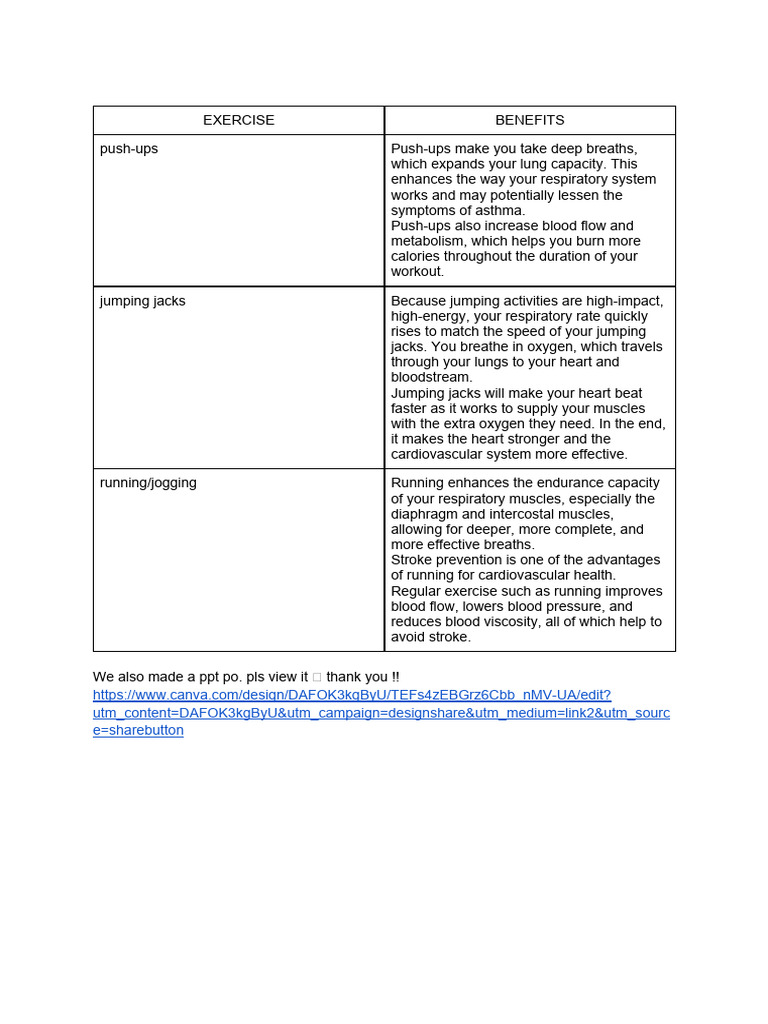 Exercise Benefits: Push-Ups, Jumping Jacks, Running | PDF | Breathing ...