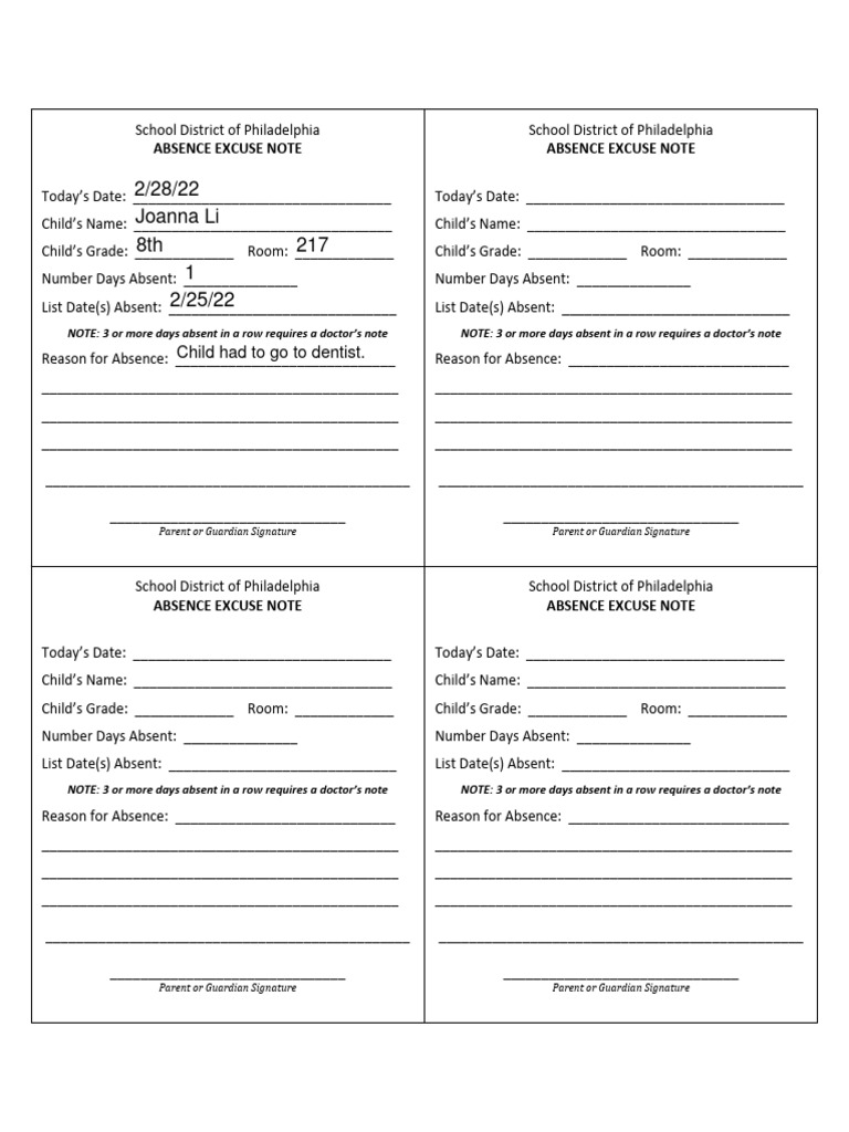 Philadelphia School Absence Note | PDF
