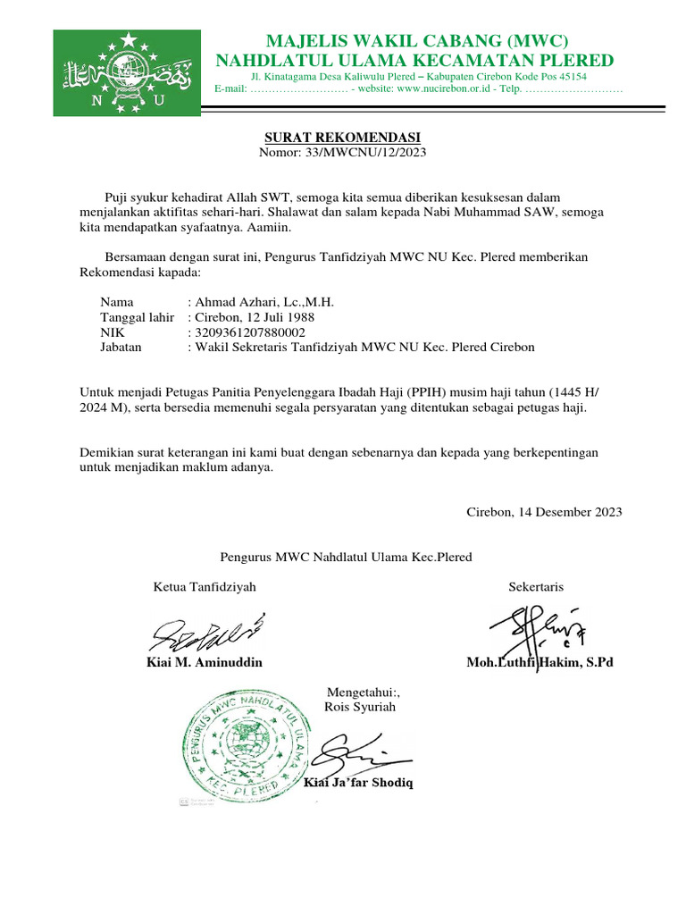 Surat Rekomendasi Petugas Haji | PDF