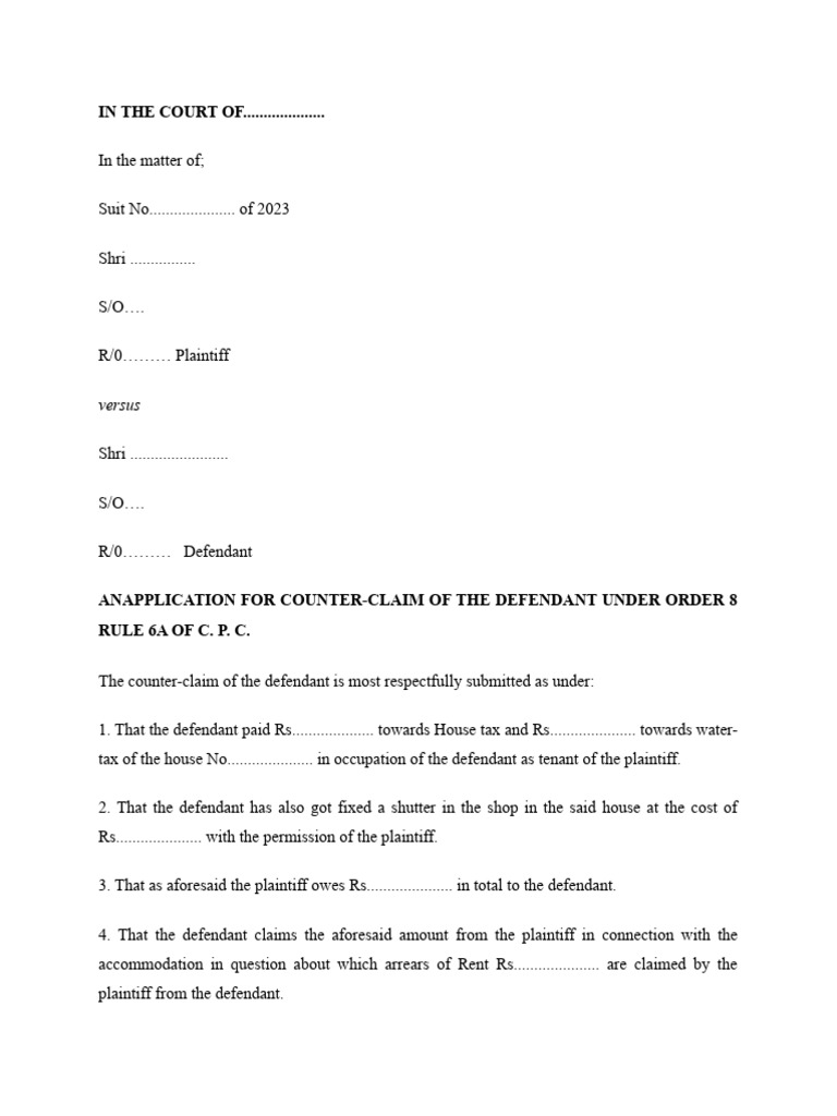 Format For Counter Claim Under Order 8 Rule 6 of CPC | PDF | Affidavit ...
