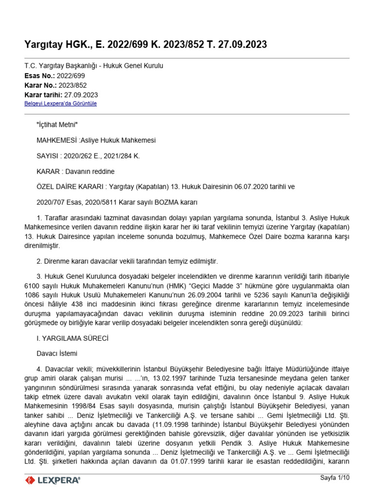 Yargıtay HGK., E. 2022/699 K. 2023/852 T. 27.09.2023: Esas No.: 2022/699 Karar No.: 2023/852 ...