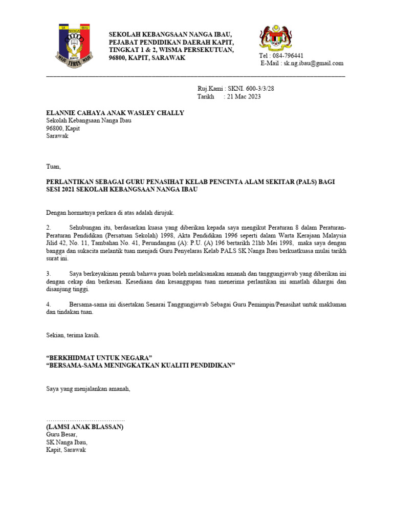 SURAT LANTIKAN GURU PENASIHAT KELAB PALS 2023 Elannie | PDF