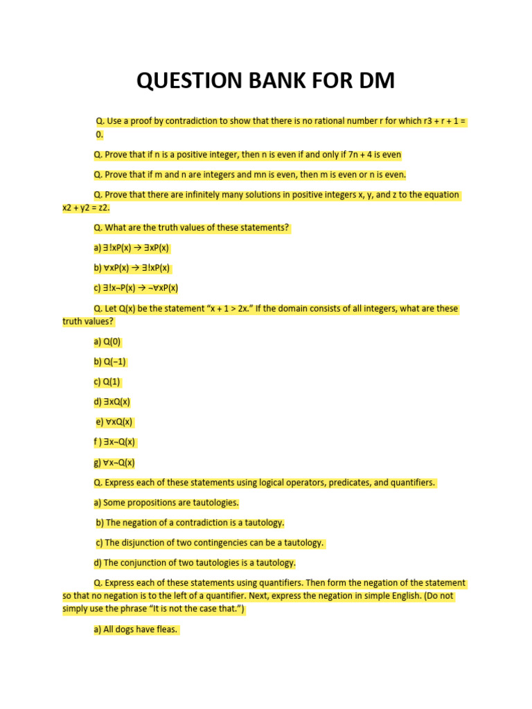 Question Bank For DM | PDF | Mathematical Concepts | Logic