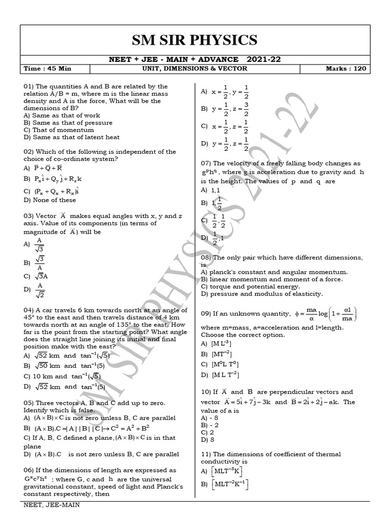 Test Units Dimensionsandvector Pdf Euclidean Vector Velocity