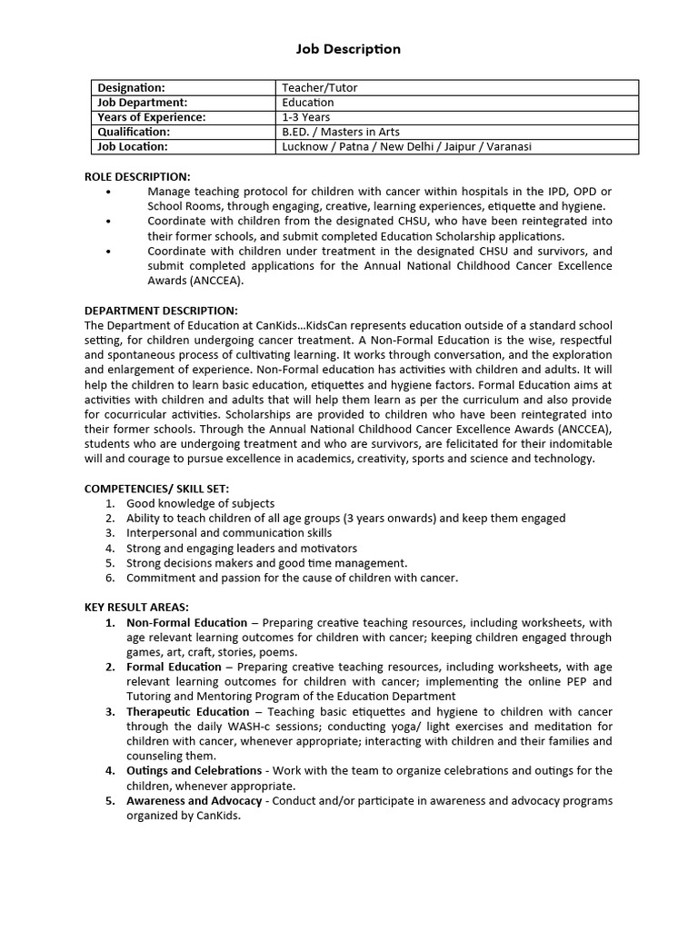Job Description For Teacher | PDF