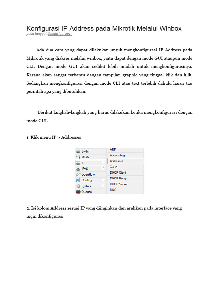 Konfigurasi IP Address Pada Mikrotik Melalui Winbox | PDF