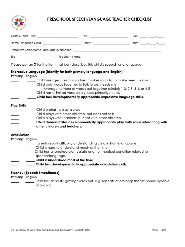 Preschool Teacher Checklist | PDF | Speech | English Language