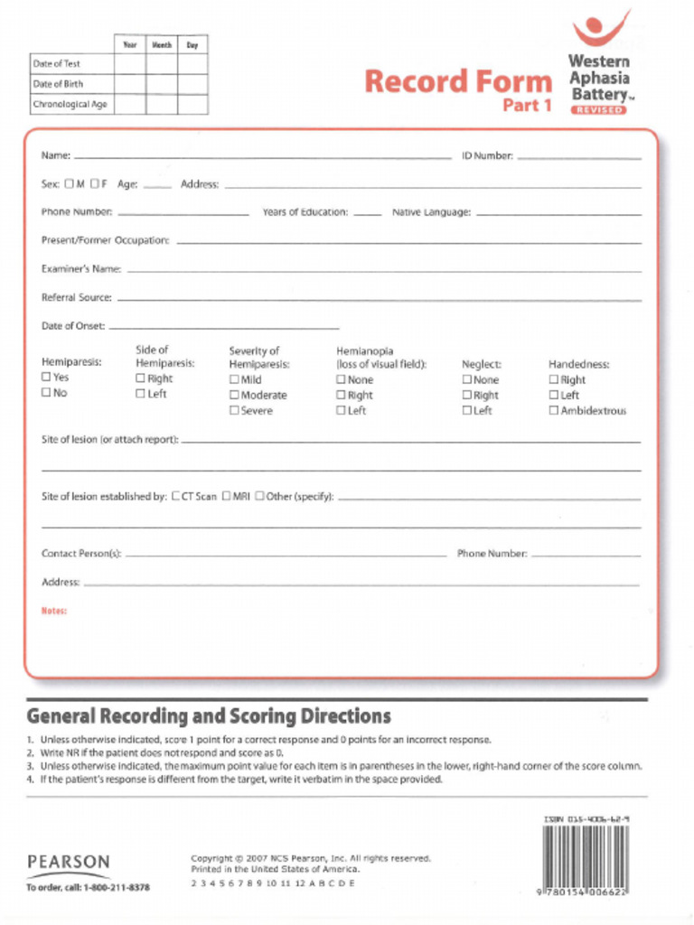 (WAB) Western Aphasia Battery - Part 1 Record Form 1 | PDF