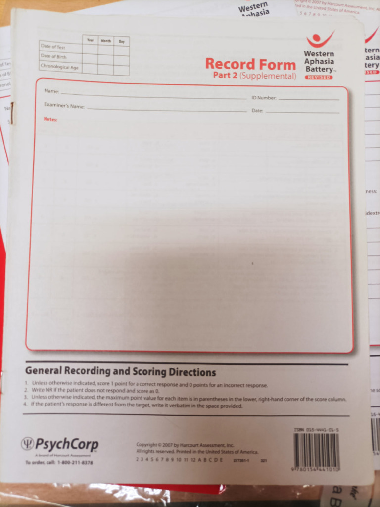 (WAB) Western Aphasia Battery - Part 2 Record Form | PDF