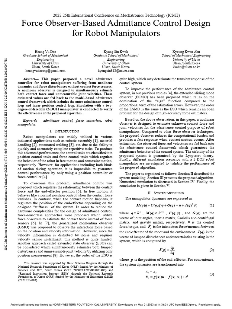 Force Observer Based Admittance Control Design For Robot Manipulators Pdf