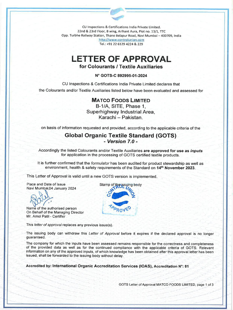 Matco - GOTS Certificate | PDF