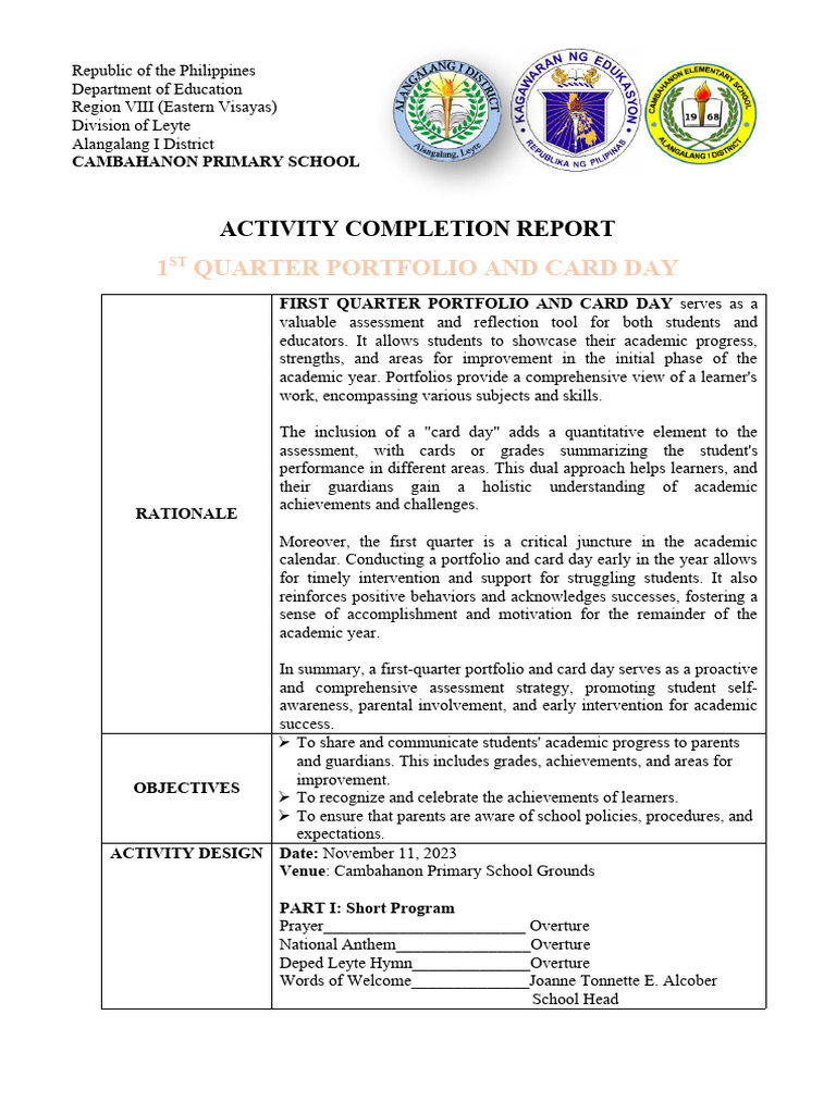 Cambahanon School 1st Quarter Report | PDF | Behavior Modification | Behavioural Sciences