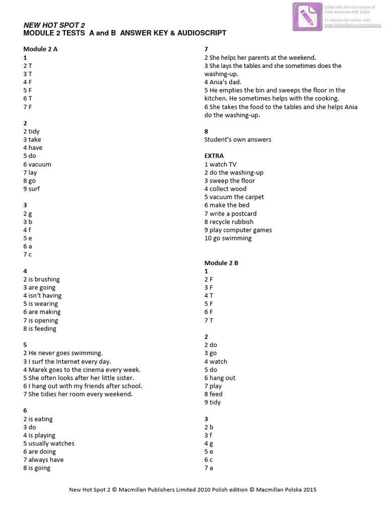 Module 2 Tests A and B Answer Key and Audioscript | PDF