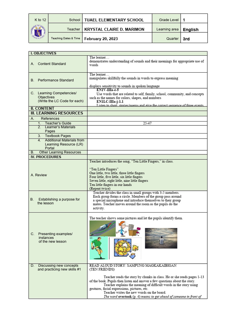 Grade 1 English Lesson Plan: Ten Fingers | PDF | Teachers | Learning
