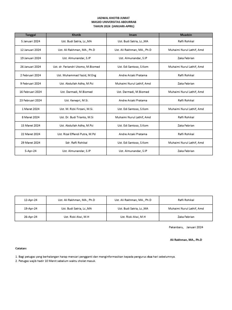 Jadwal Khotib Jumat 2024 | PDF