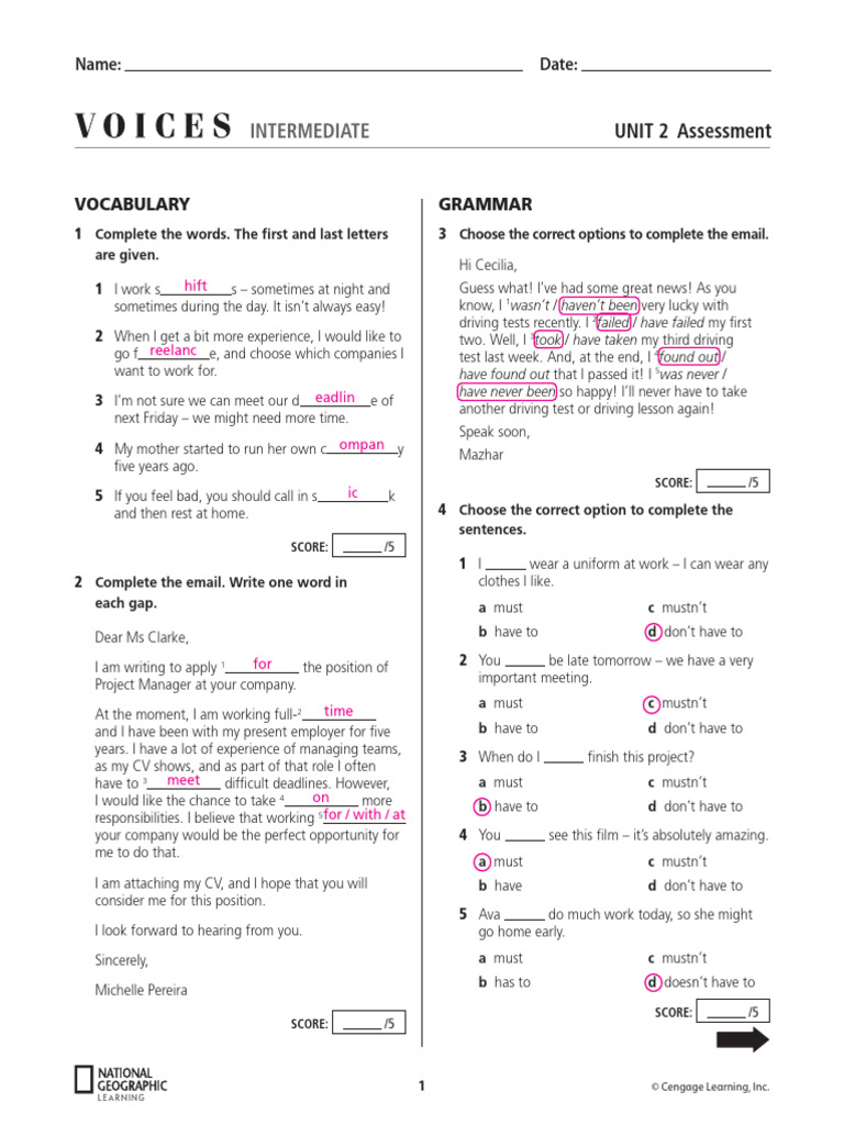Voices Intermediate U02 Test Answer Key | PDF | Adjective