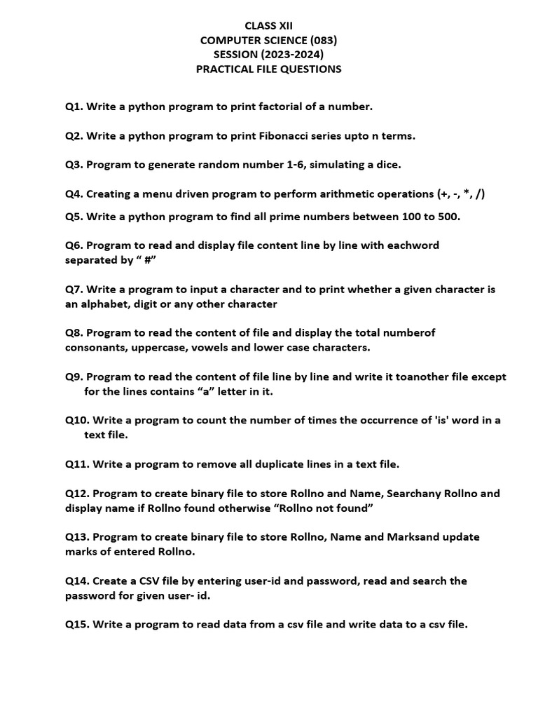 CLASS XII Practical File | Download Free PDF | Computer File | Computing