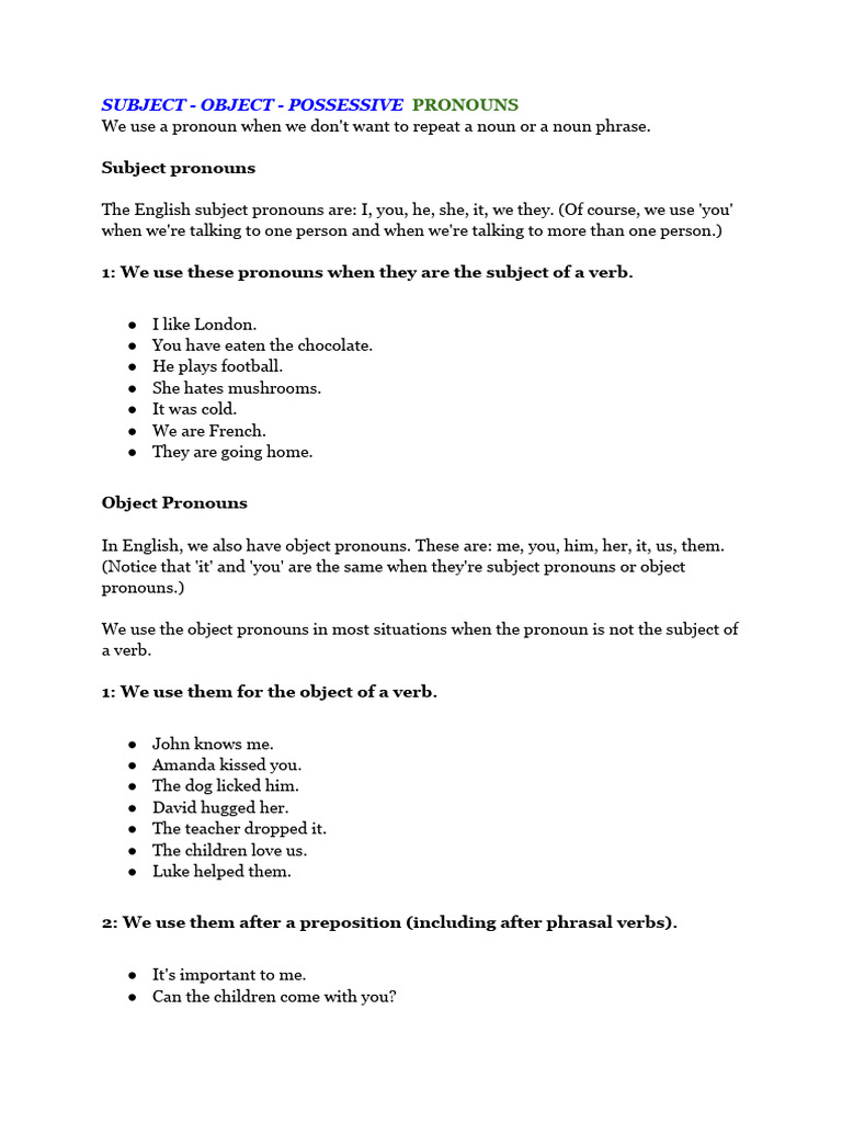 Subject - Object - Possessive Pronouns | PDF | Language Arts ...